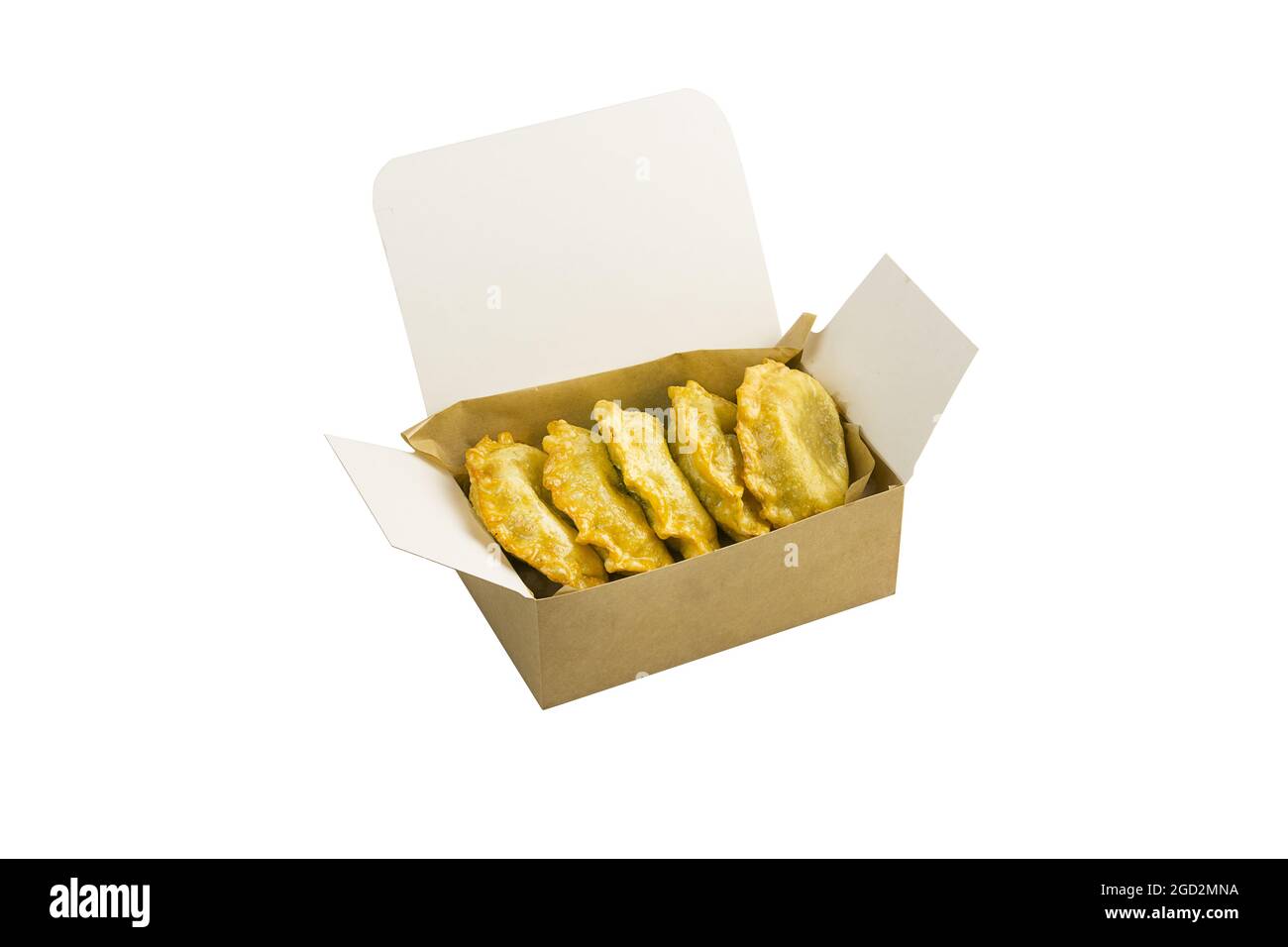 Fried dumplings in a takeaway box isolated on white background Stock ...