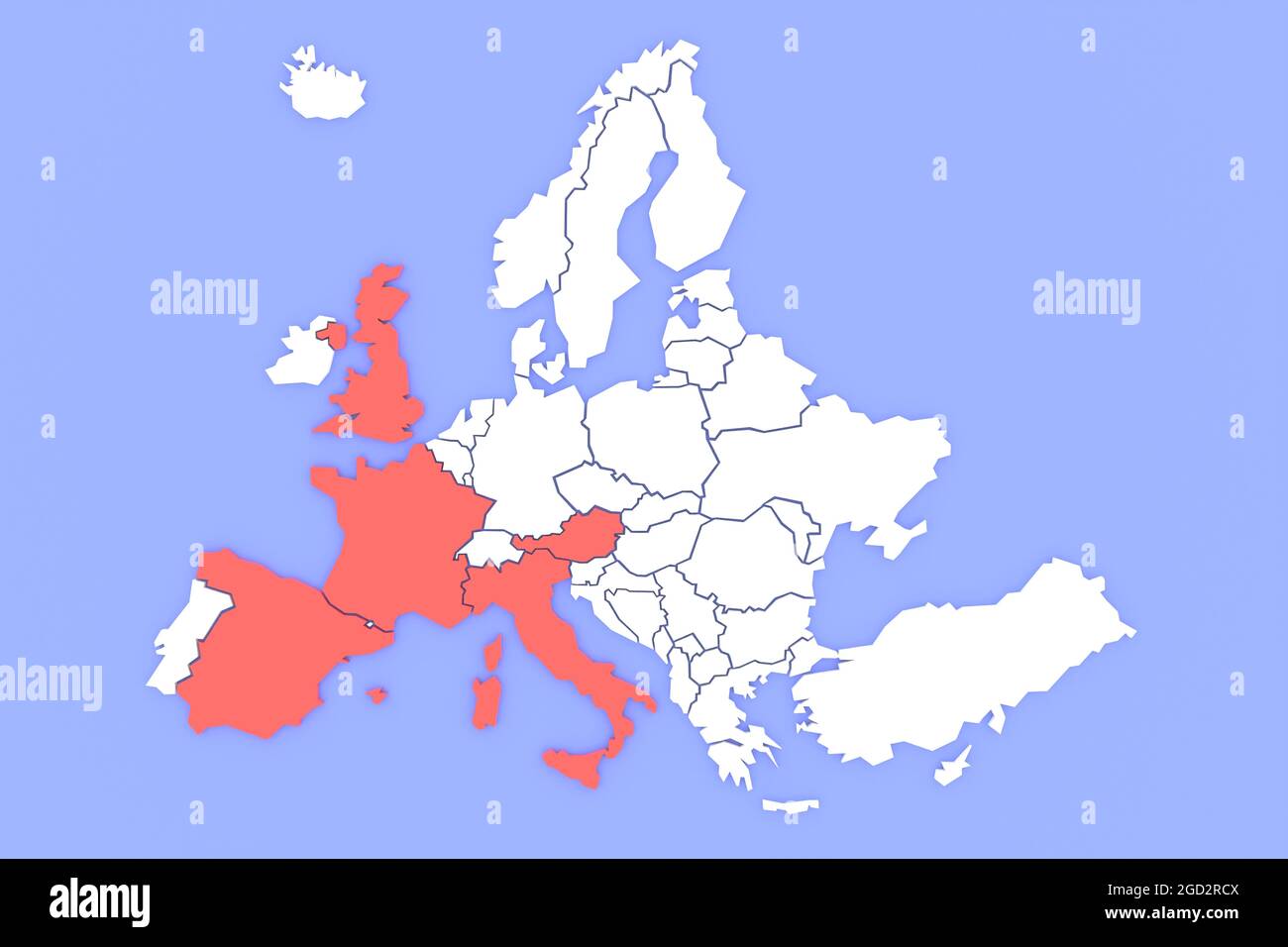 3D rendered map of Europe in white, accented red countries on blue ...