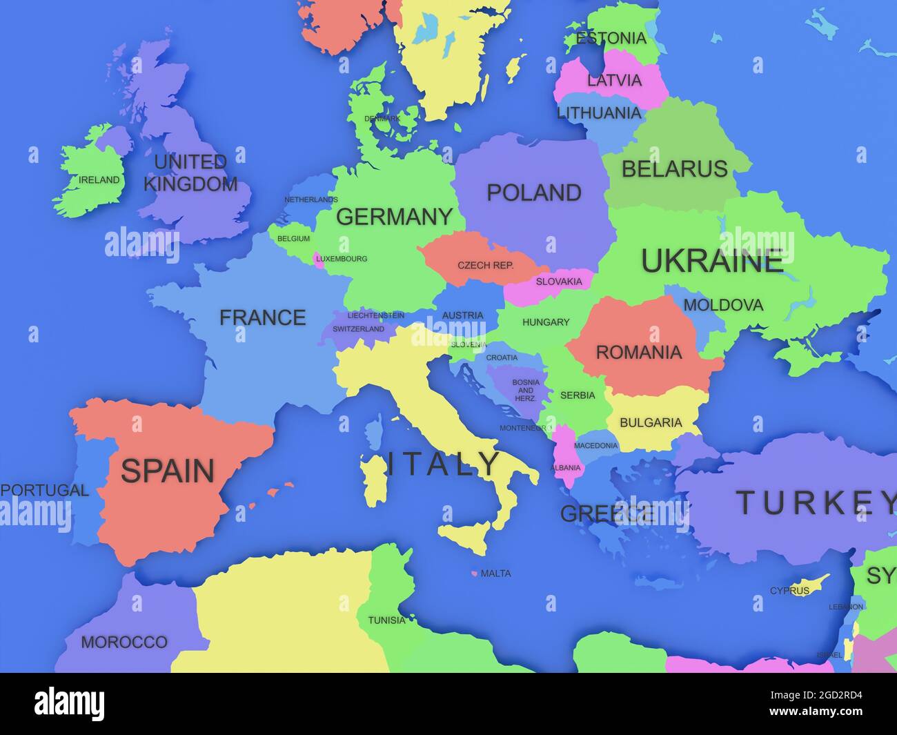Render of the map of Europe in bright colors Stock Photo - Alamy
