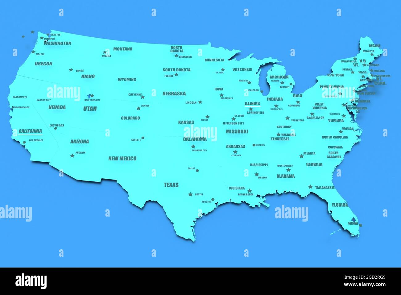Three dimensional rendered map of the USA with states names, 3D render ...