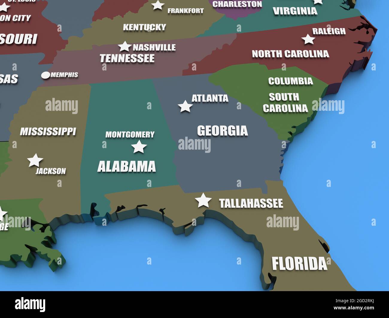 Three dimensional rendered map of the USA with states names in dim ...