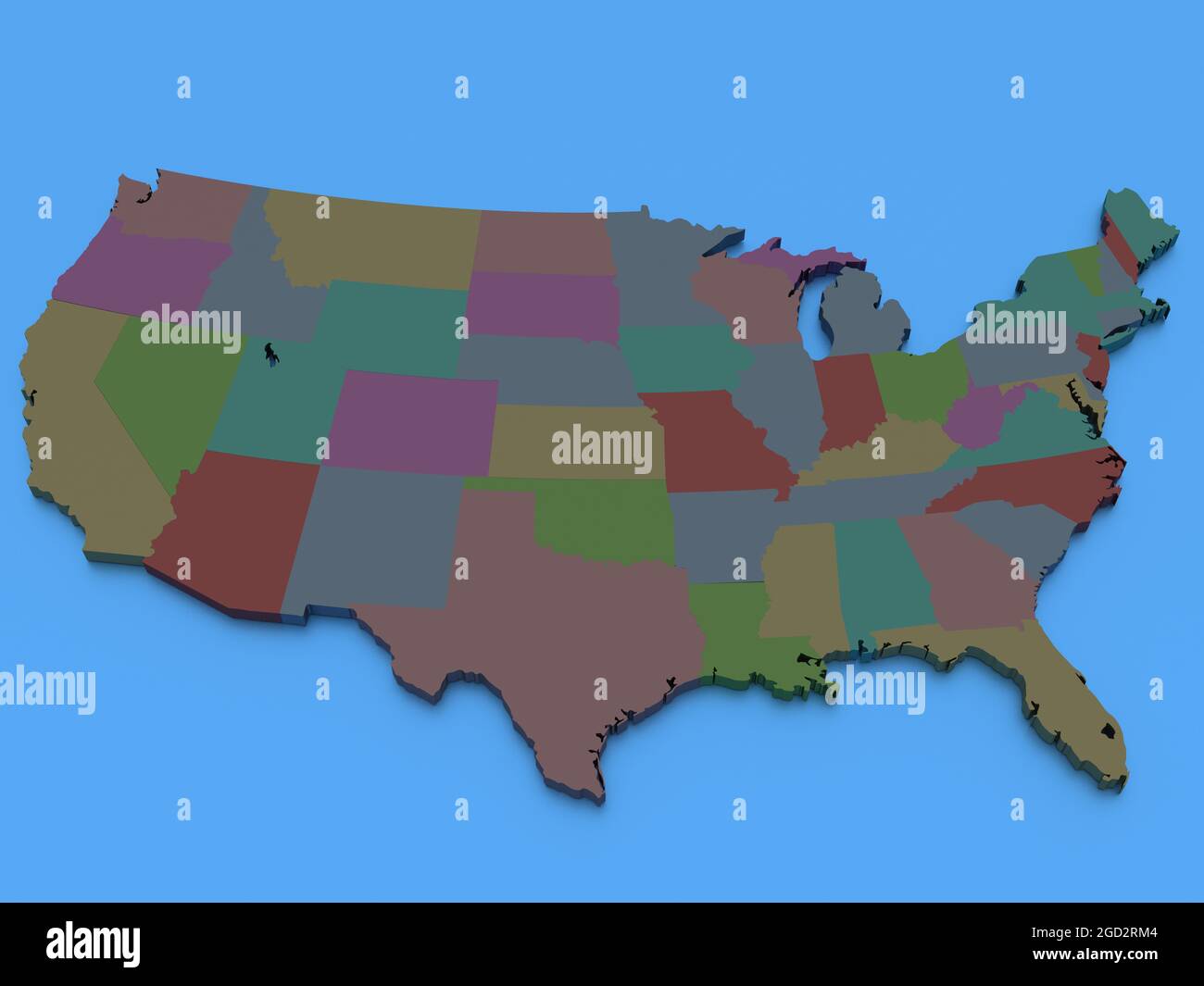 Three dimensional rendered map of the USA in dim colors, 3D render ...