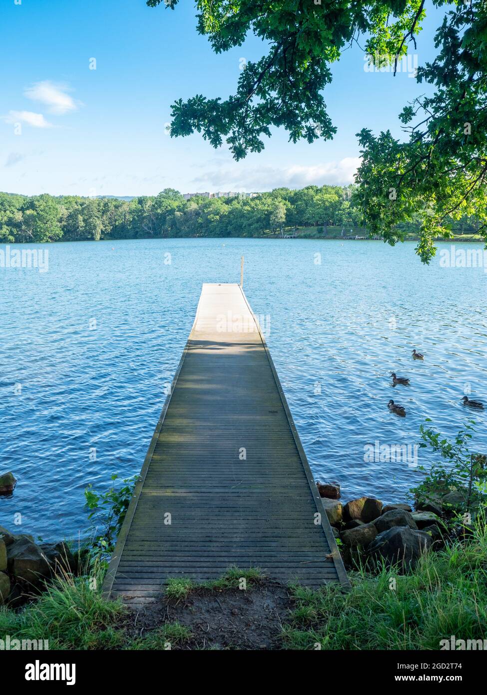 Wooden swimming pier above alum lake Kamencove jezero in Chomutov town ...