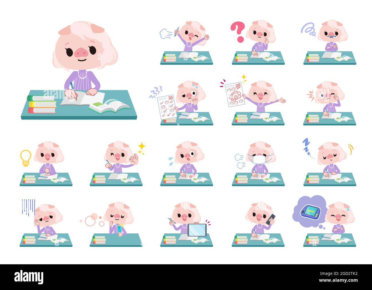 A set of Pig girl on study.It's vector art so it's easy to edit Stock ...