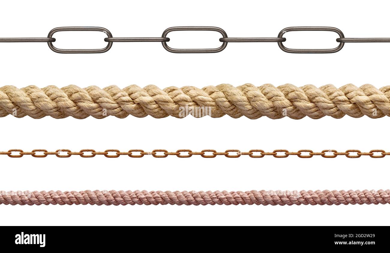 collection of various rope and chain on white background. each one is ...