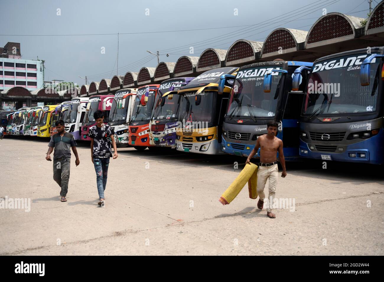 Buses seen lined up at Gabtoli bus terminal following the reopening of ...
