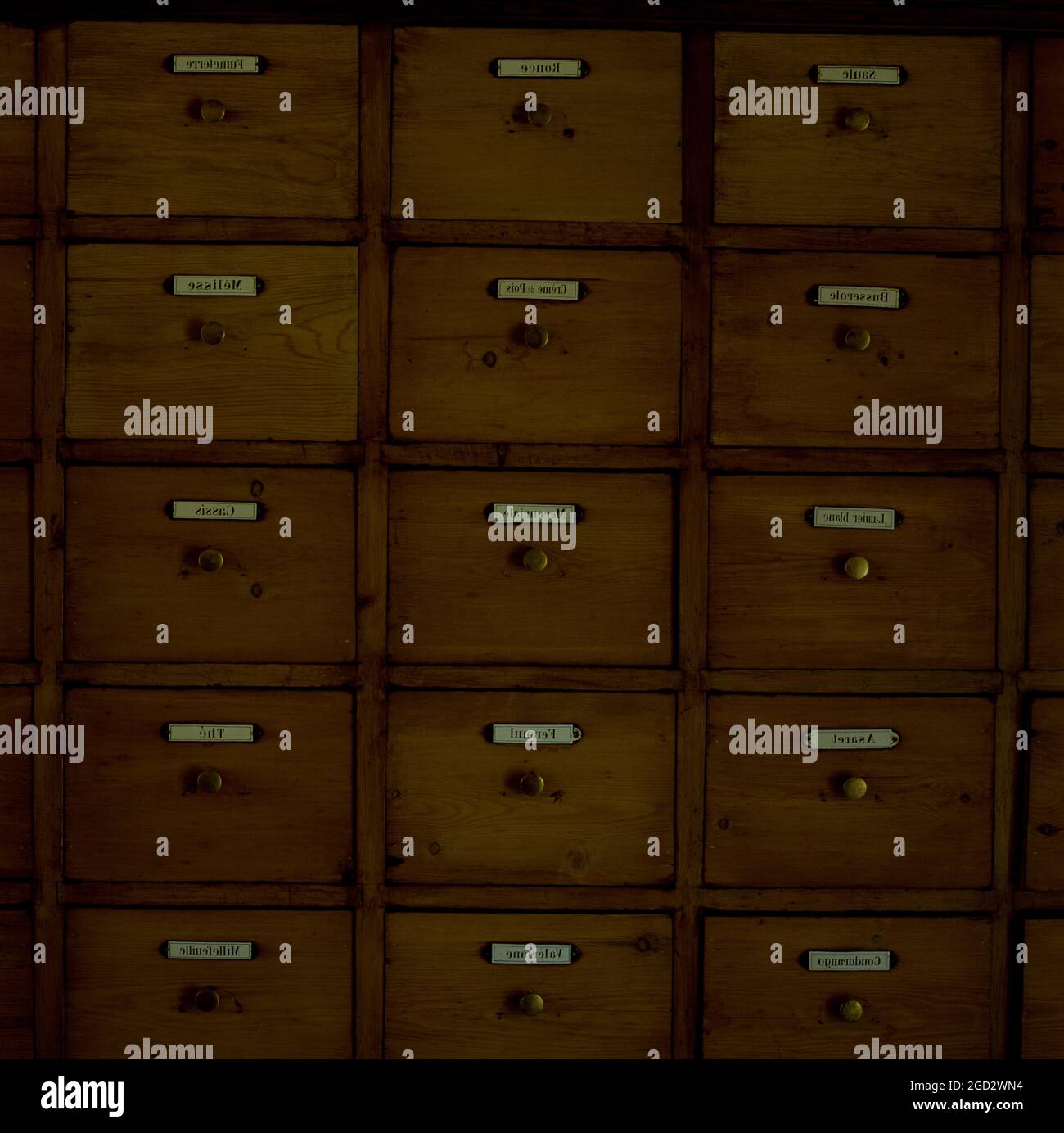 Closeup of antique wooden drawers with vintage labels Stock Photo - Alamy