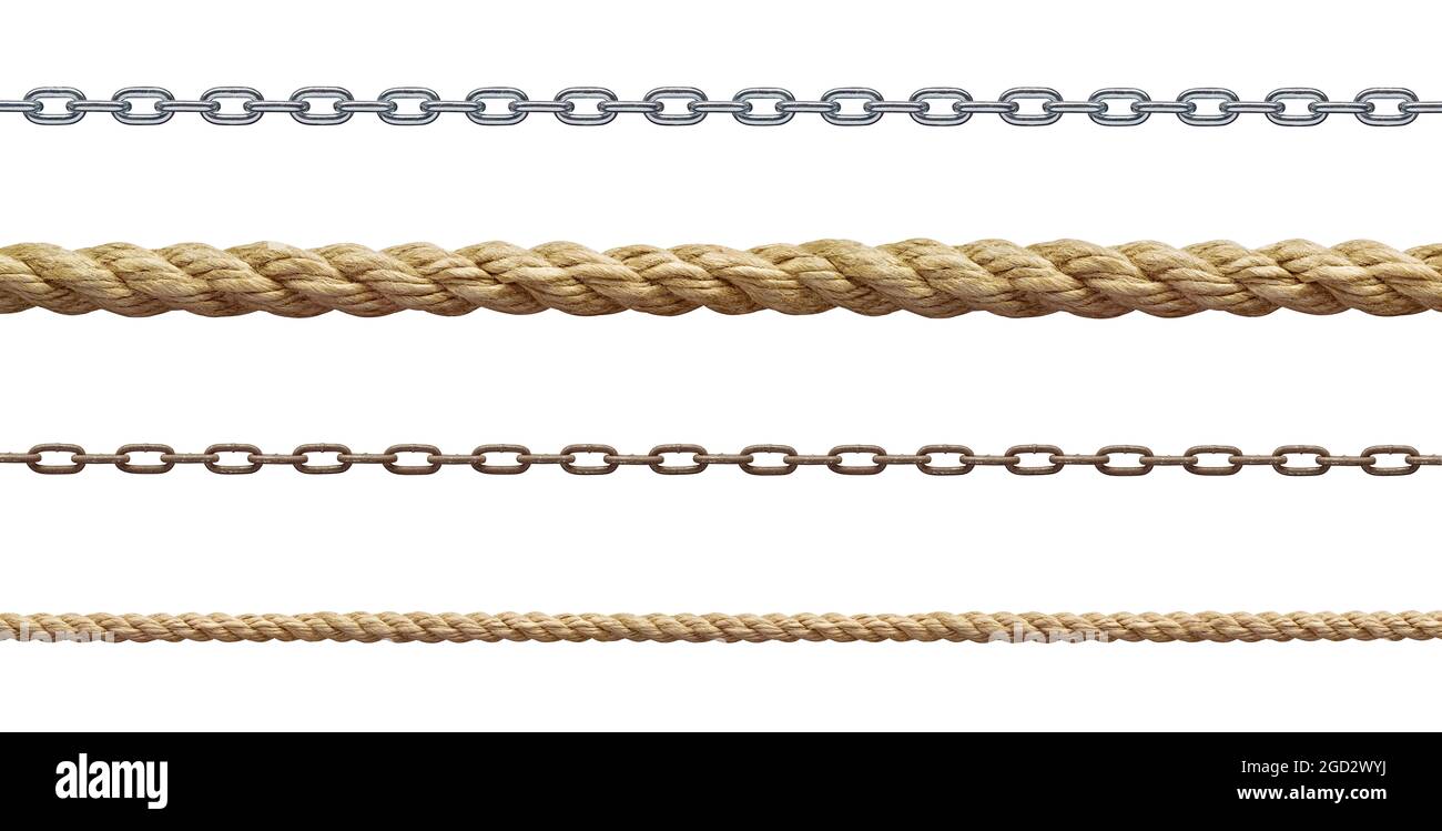 collection of various rope and chain on white background. each one is ...