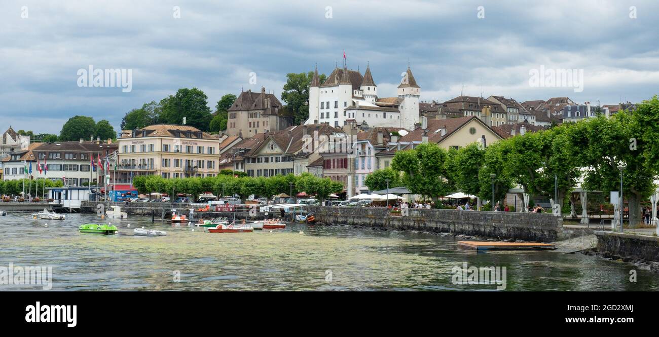 Nyon, Switzerland - July 10th 2021: View of the waterfront of the city ...