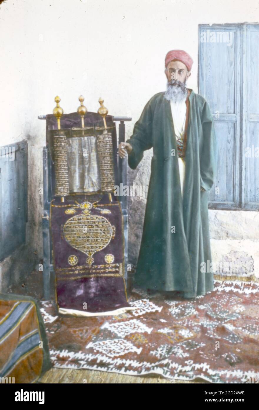 Color photo of a Samaritan High Priest and ancient scroll ca. between ...