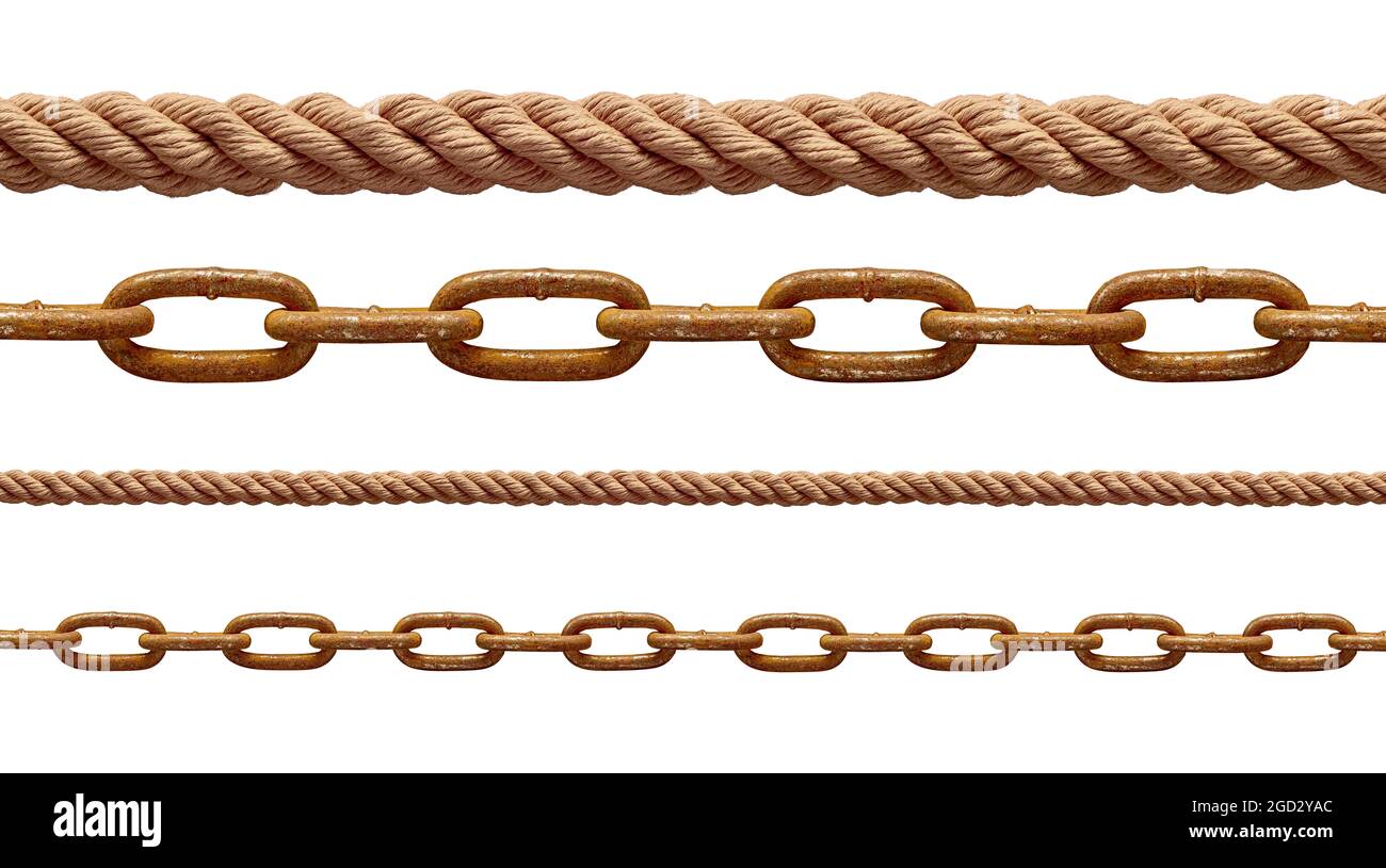 collection of various rope and chain on white background. each one is ...