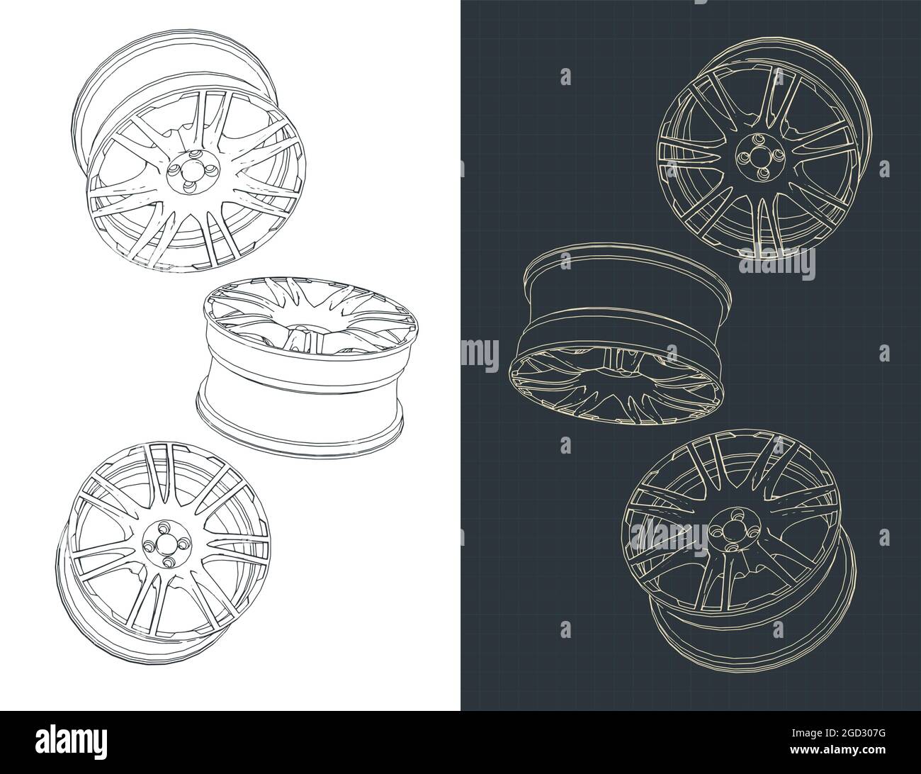 Stylized vector illustration of drawings of alloy wheels blueprints ...