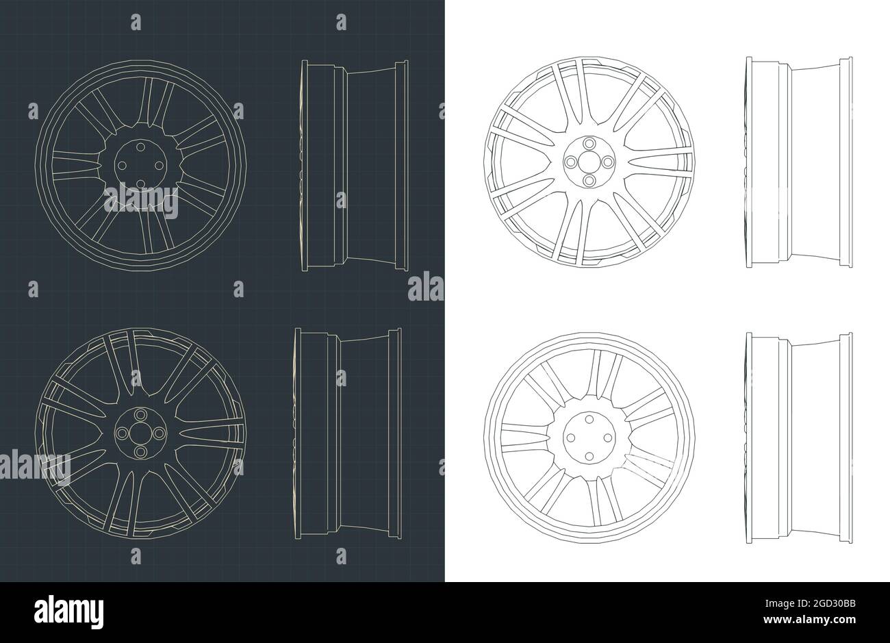 Stylized vector illustration of drawings of alloy wheels blueprints ...