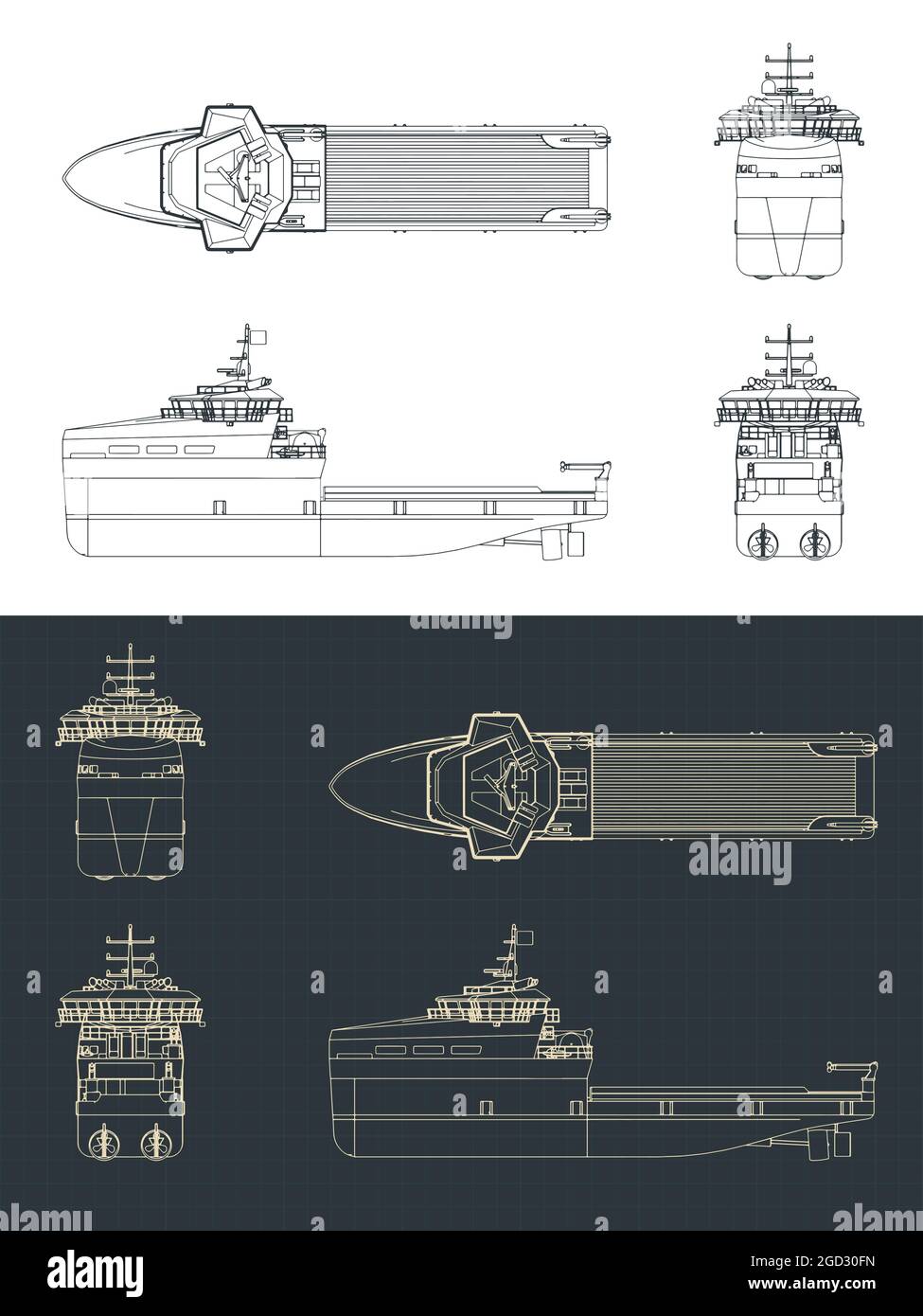 Stylized vector illustration of blueprints of anchor handling vessel ...