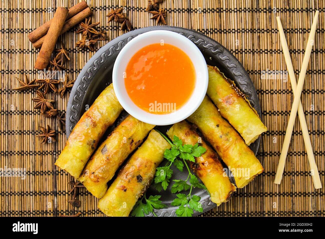 Spring rolls with sweet sauce, top view Stock Photo - Alamy