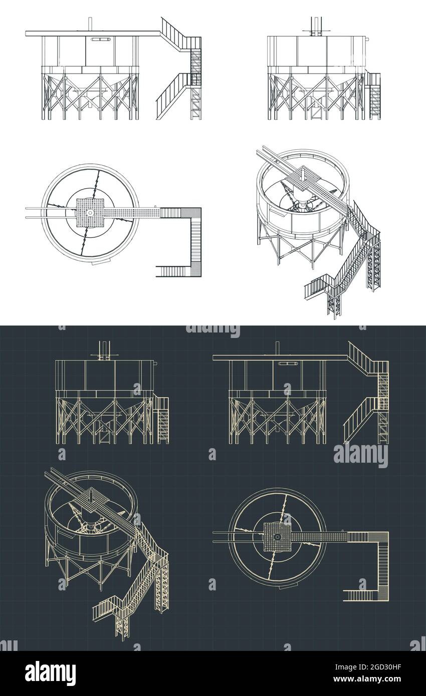 Stylized vector illustration of blueprints of mining thickener tank ...
