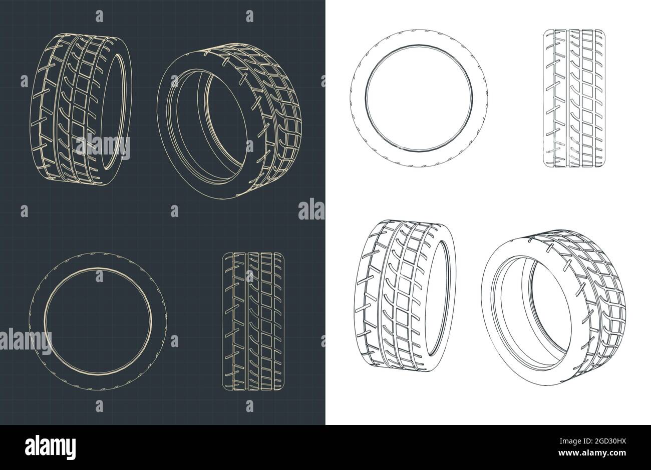 Stylized vector illustration of drawings of tire blueprints Stock ...