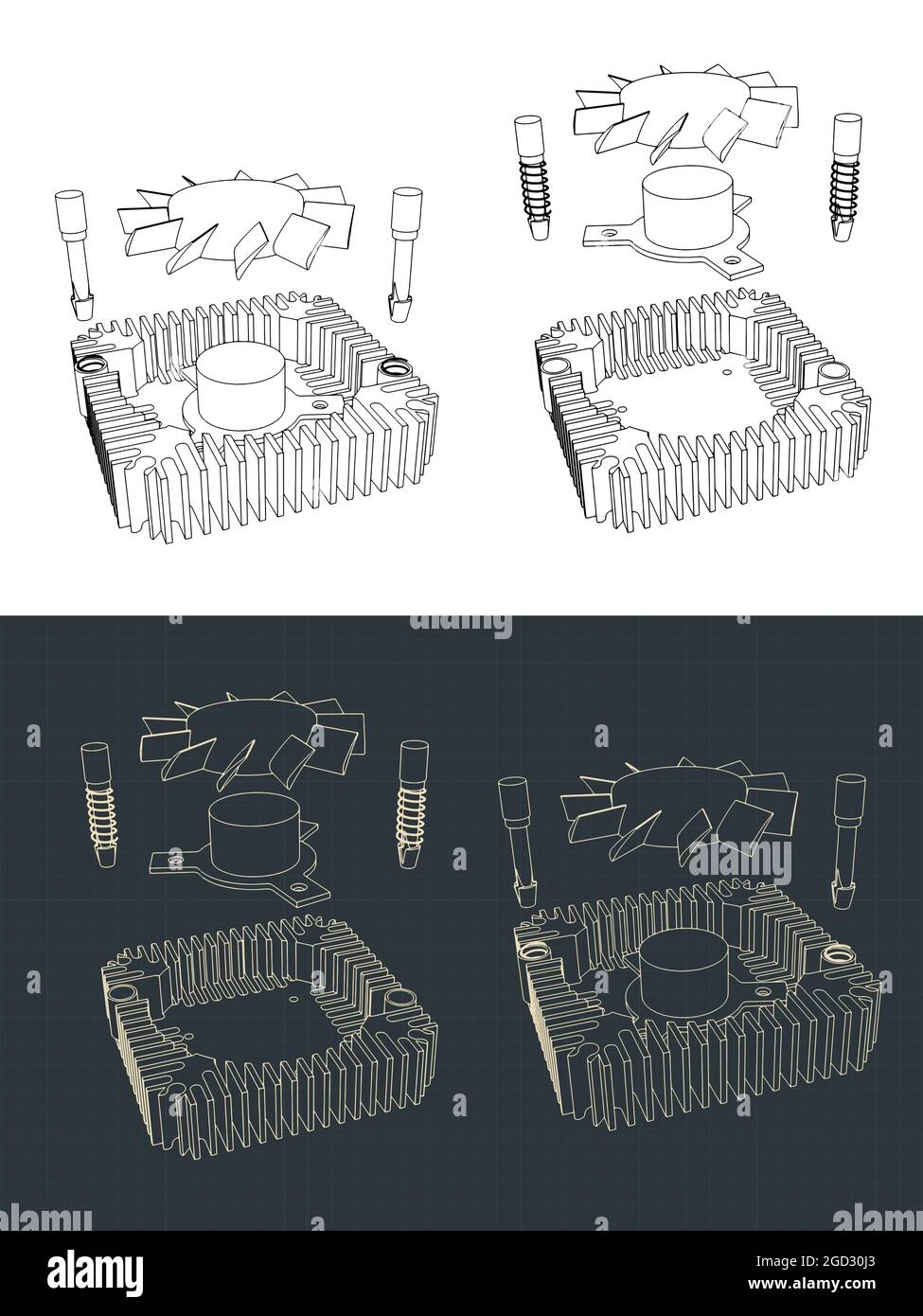 Stylized vector illustration of drawing of disassembled heatsink with ...