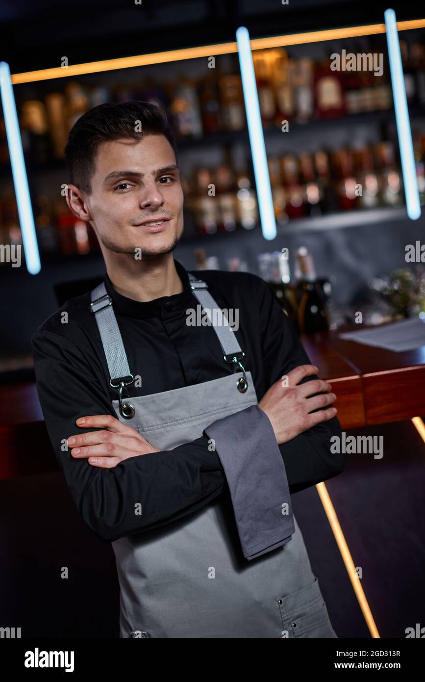 Handsome barman in apron standing at the bar counter Stock Photo - Alamy