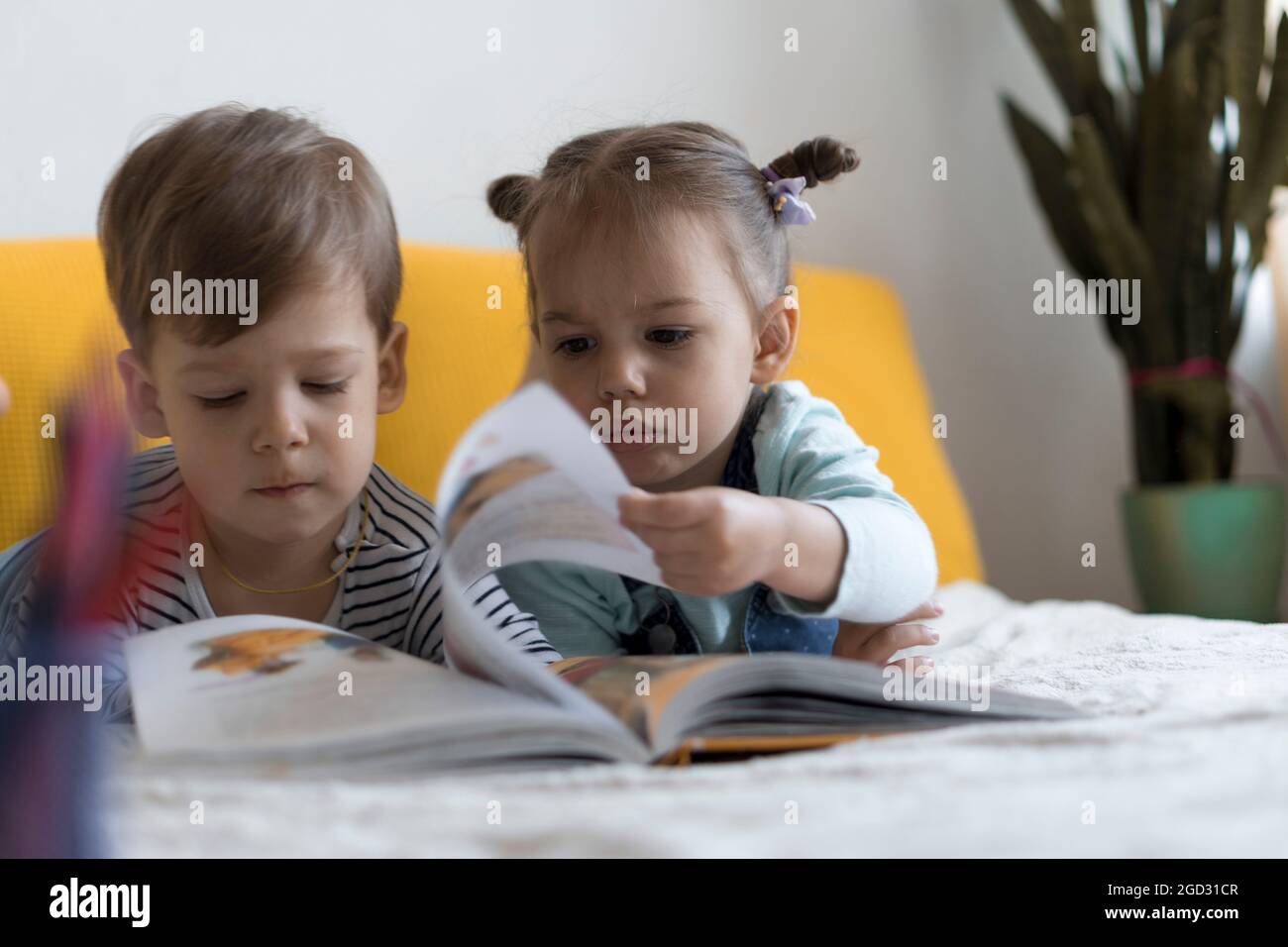 Two preshool, toddler children read large interesting book of fairy ...