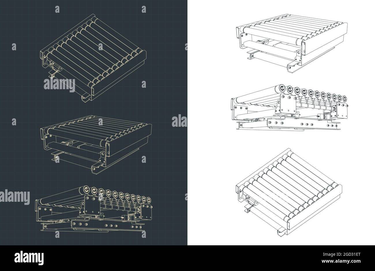 Stylized vector illustration of сonveyor section of blueprints of ...