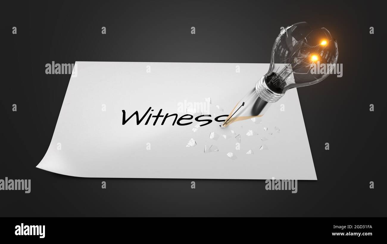 3d rendering of the word "Witness" on a white paper and a bulb next to ...