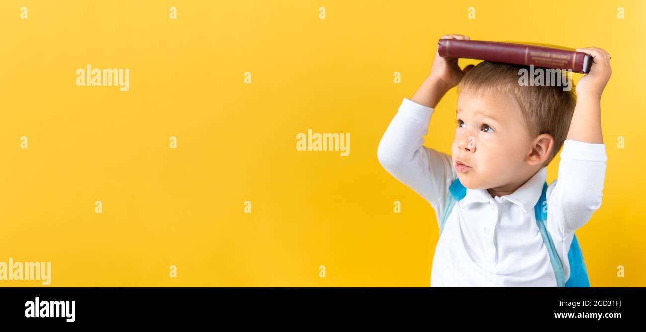 Banner Funny Preschool Child Boy 3-4 years with Book on Head and Bag on ...