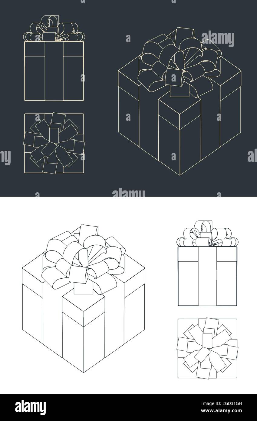 Stylized vector illustration of blueprints of gift box with a bow Stock ...