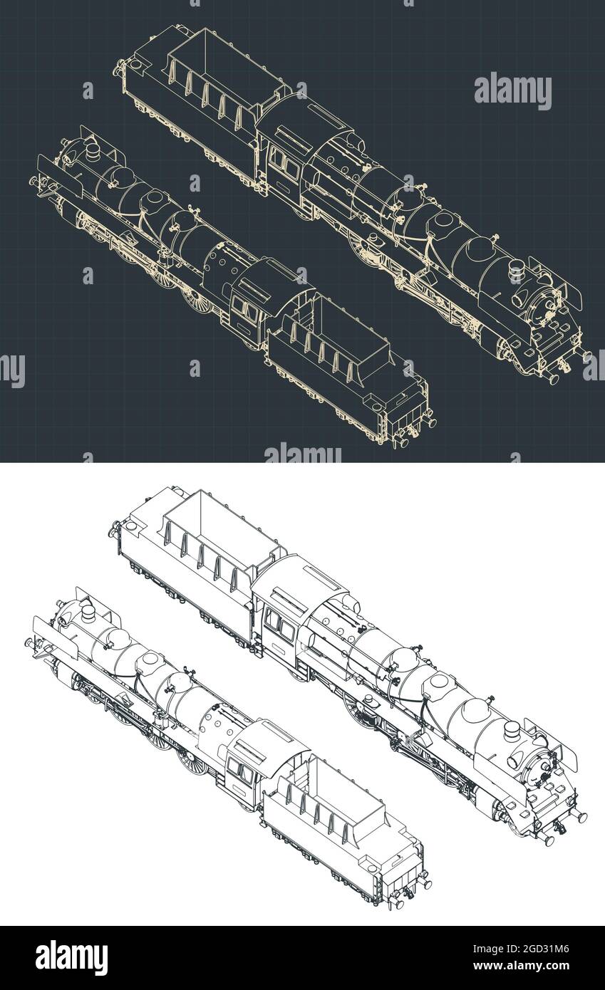 Stylized vector illustration of isometric blueprints of steam ...
