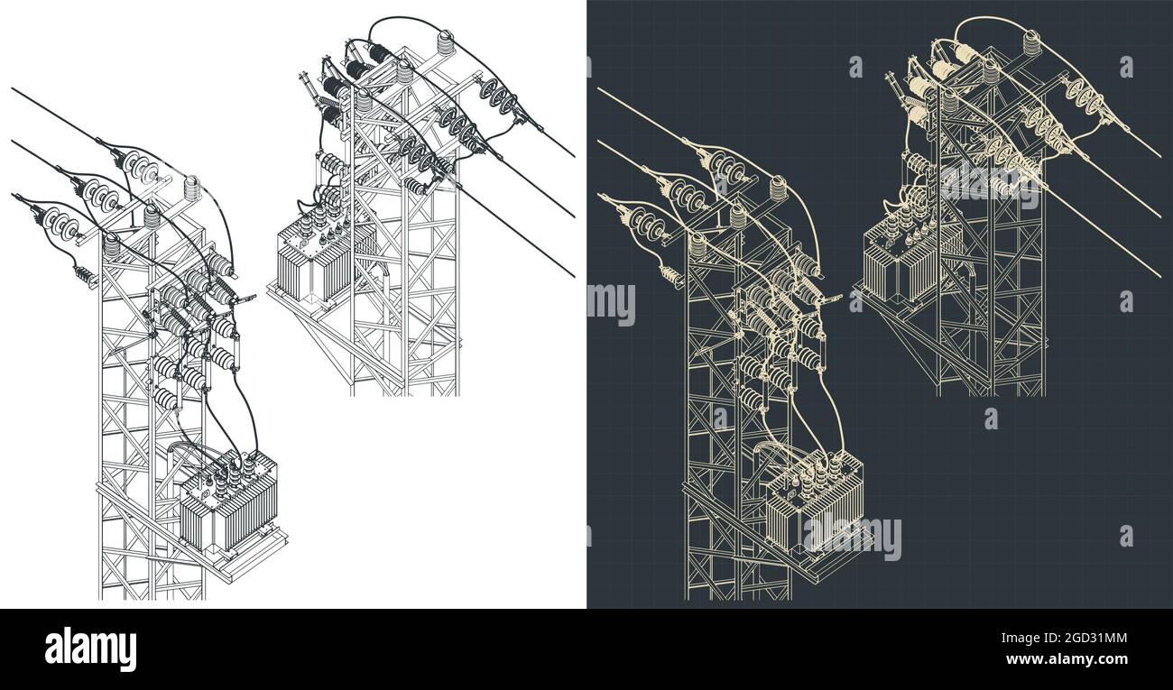 Stylized vector illustration of isometric blueprints of overhead power ...