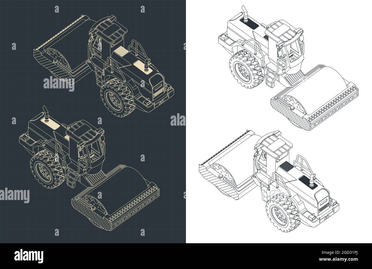 Stylized vector illustration of isometric blueprints of road roller ...