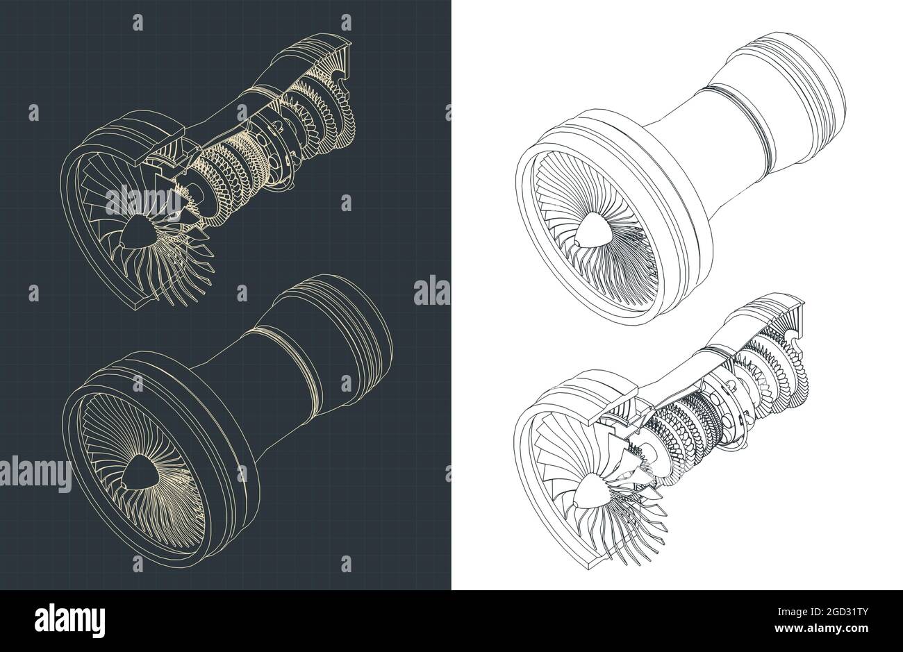 Stylized vector illustration of isometric drawings of turbofan engine ...