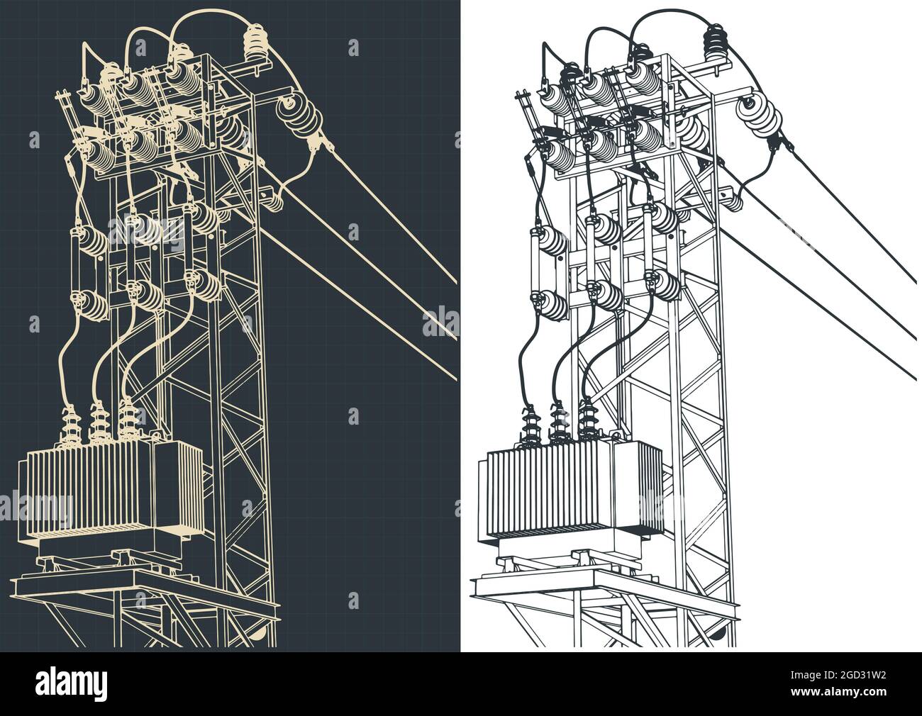 Stylized vector illustration of overhead power line feeder tower ...