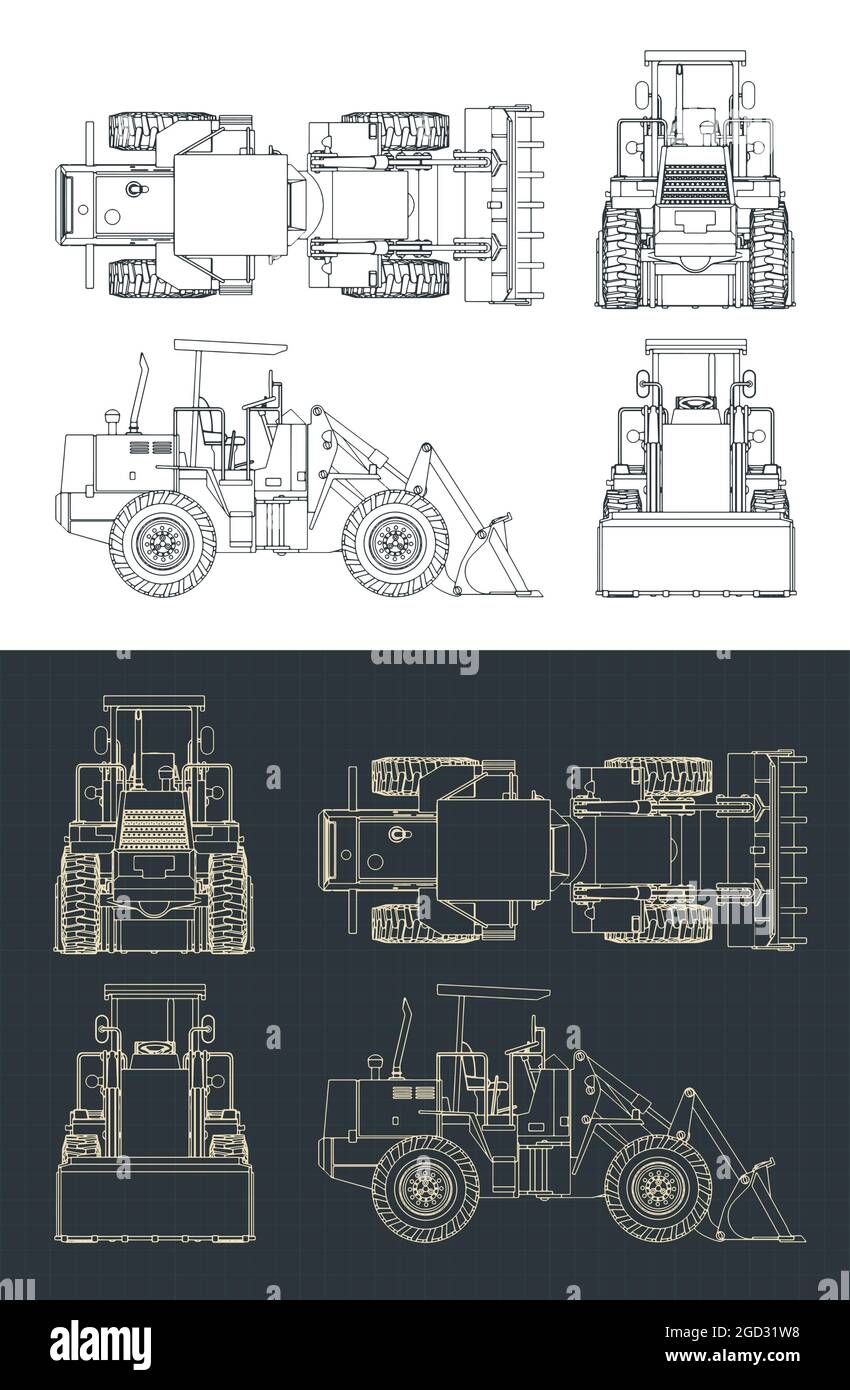 Stylized vector illustration of blueprints of wheel loader Stock Vector ...