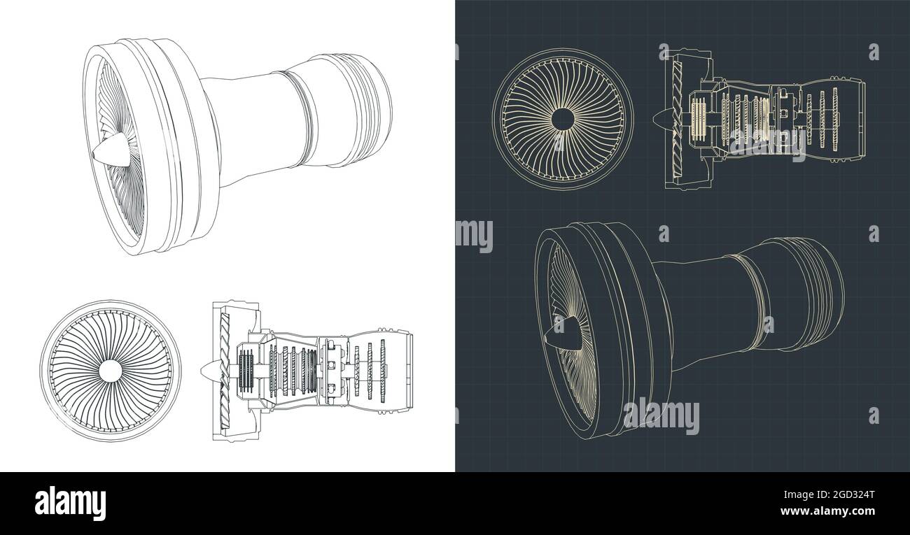 Stylized vector illustration of drawings of turbofan engine Stock ...