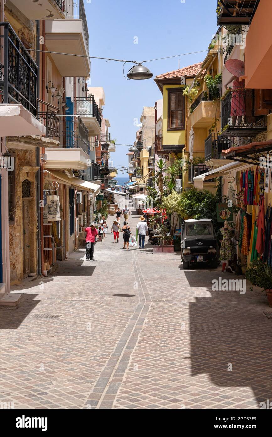 CHANIA, GREECE - Jul 01, 2021: A narrow street of the city of Chania in ...