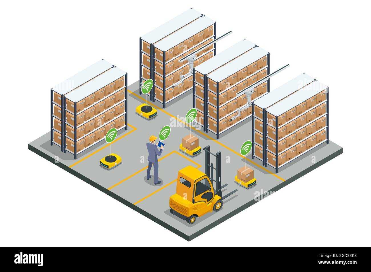 Isometric automated warehouse robots. Modern logistics center ... Isometric automated warehouse robots. Modern logistics center ...