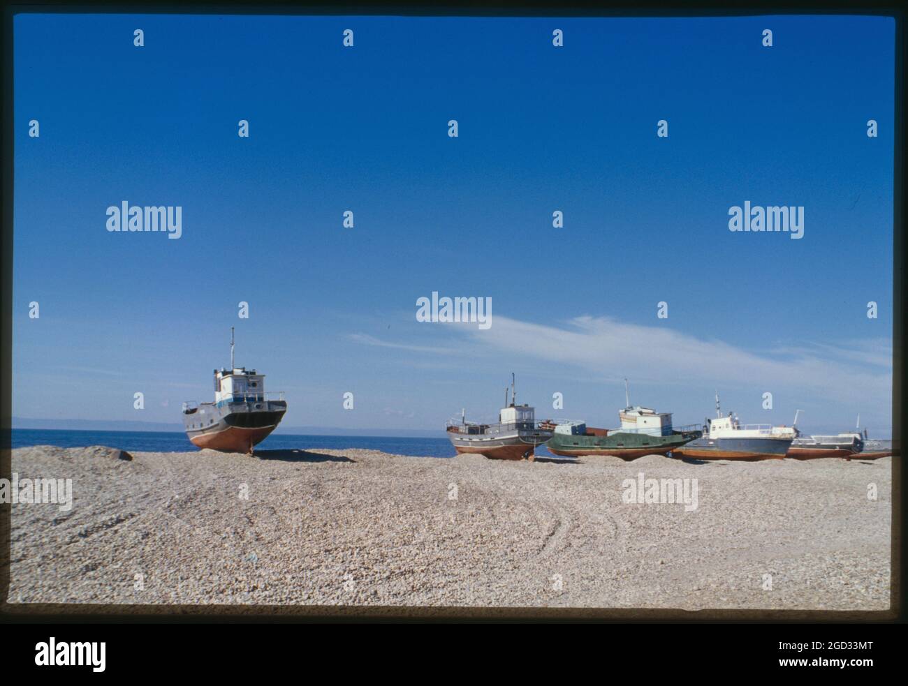 Eastern Shore of Lake Baikal, with fishing boats, Posol'skoe, Russia ...