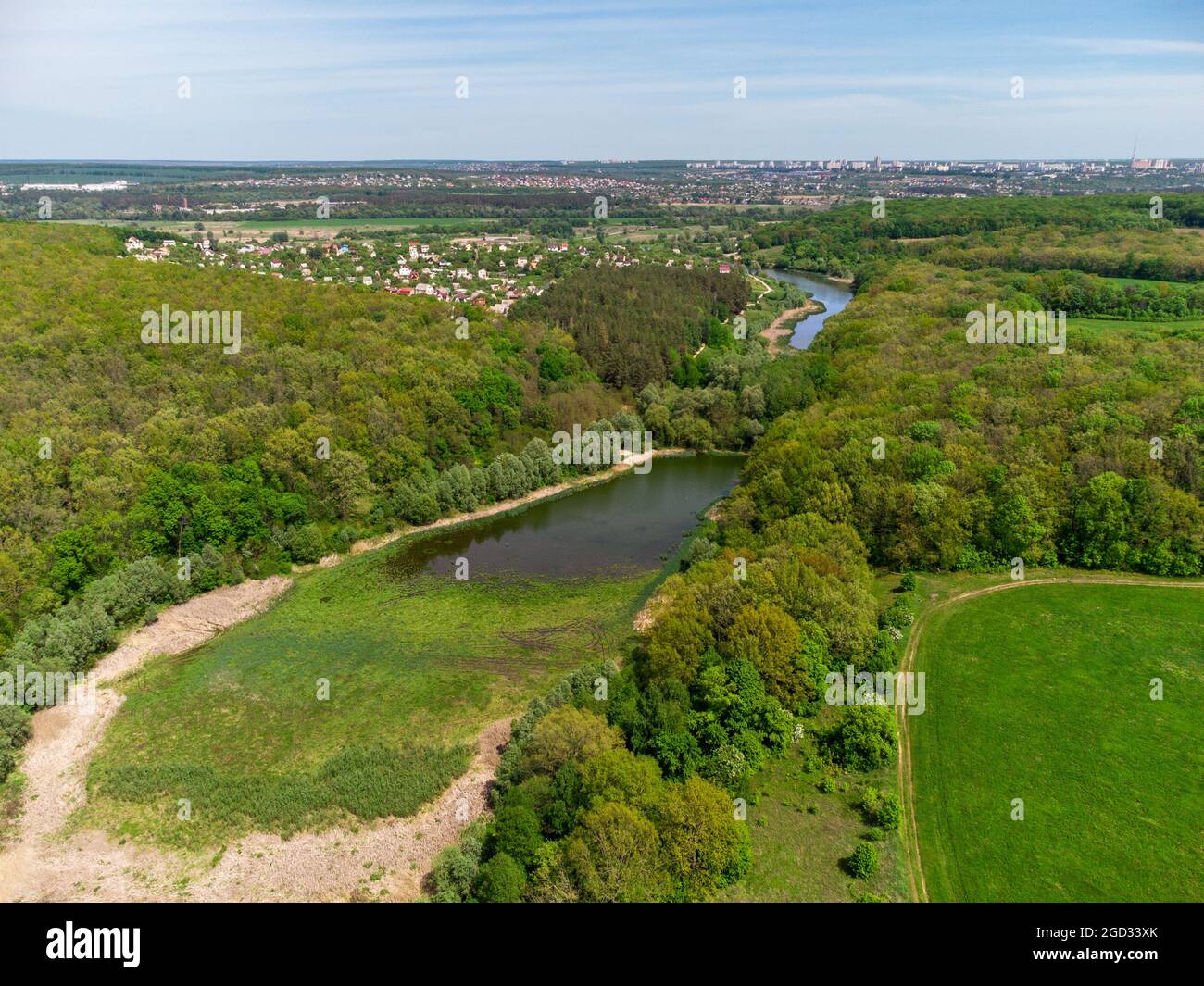 Greenery and wild lake drying and swamping. Aerial sunny view rural ...