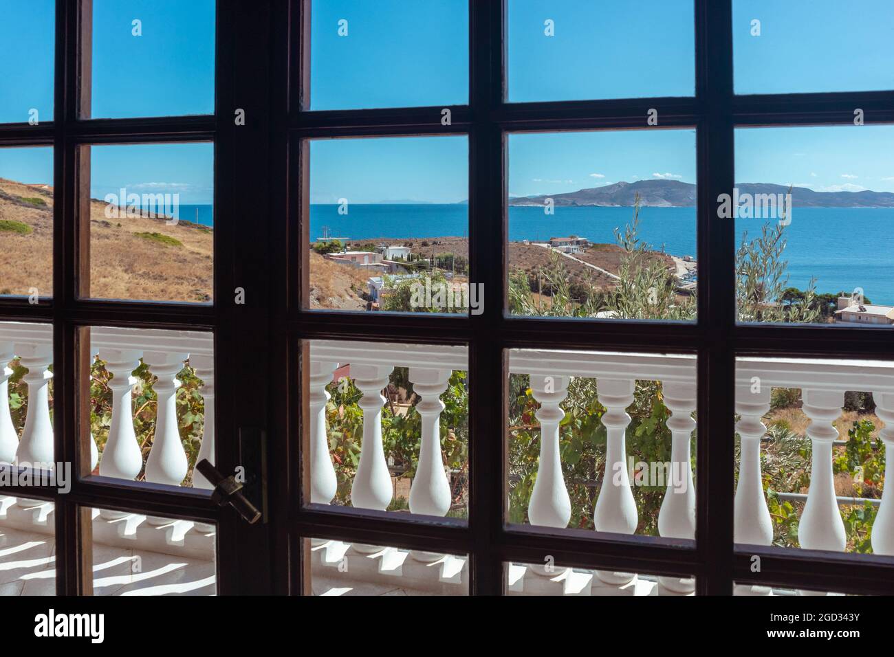 Traditional Greek architecture white terrace balcony with balusters ...