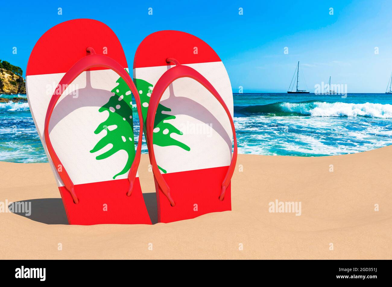 Flip flops with Libyan flag on the beach. Libya resorts, vacation ...