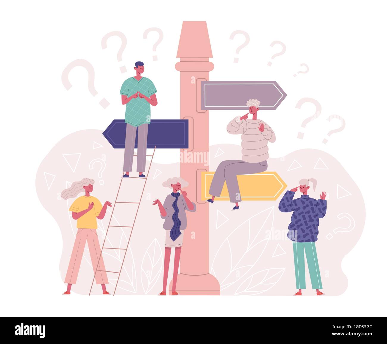 Decision making, undecided pensive characters at direction crossroads ...