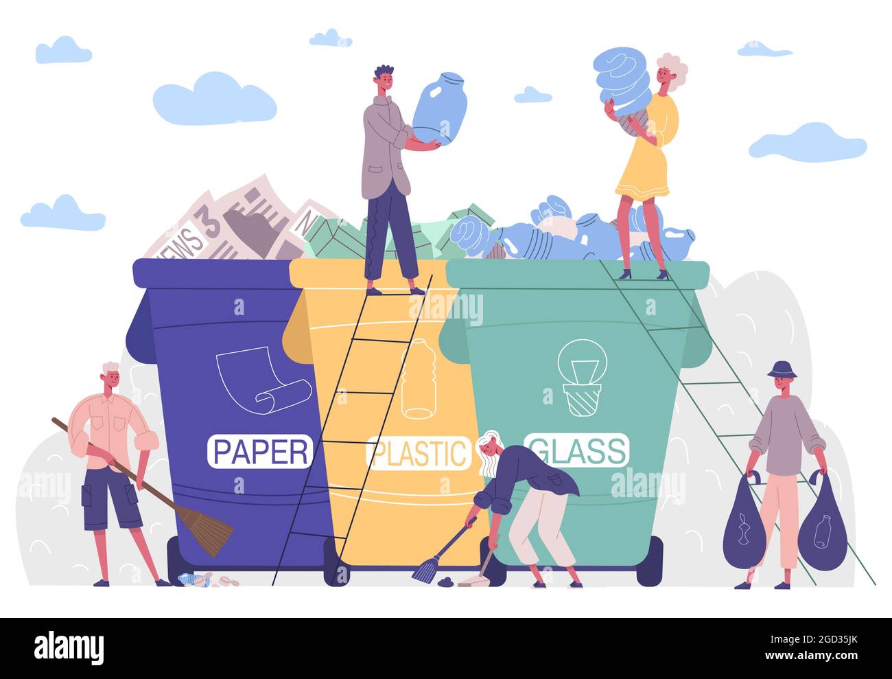 People sorting garbage, protecting environment from plastic solution. Collecting, sorting ...