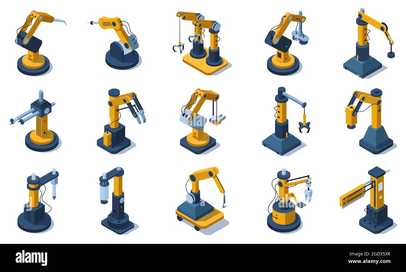 Isometric factory mechanised automated robotic arms. Factory industrial ...