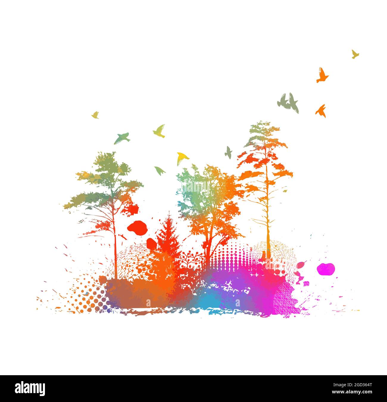 Multi-colored trees. Abstract rainbow landscape. Colored blots. Mixed ...