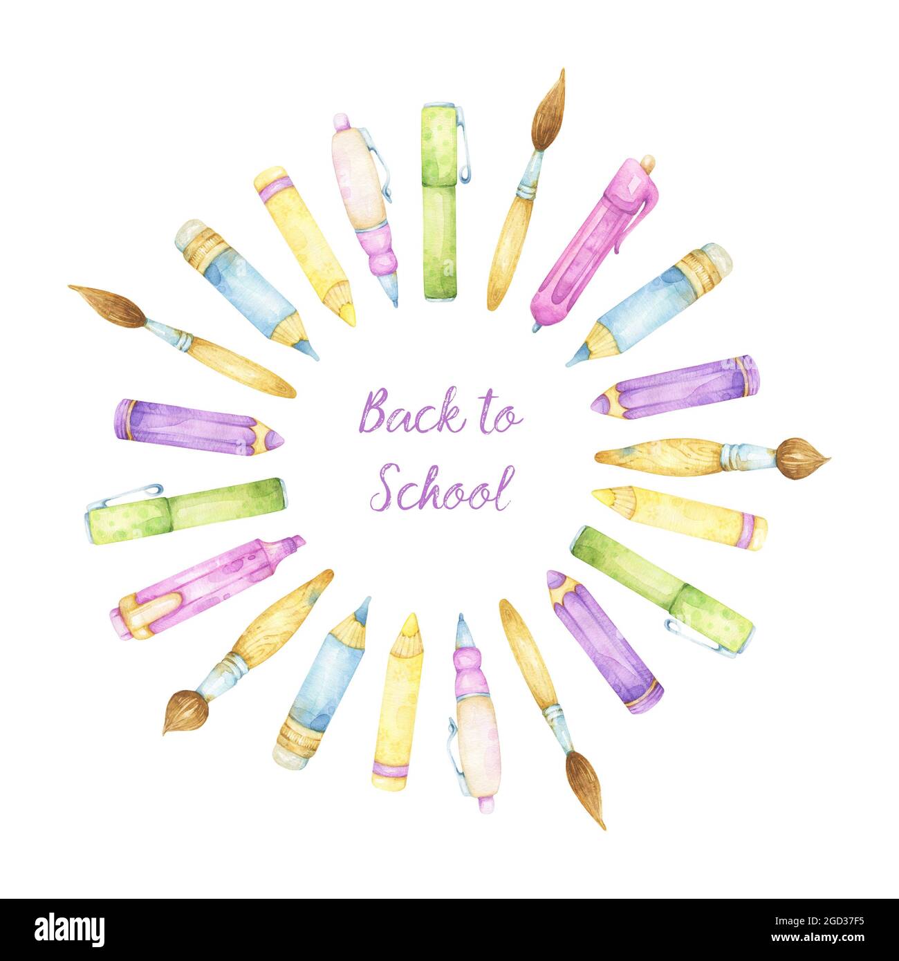 Back to school set of colorful watercolor stationery clipart, pens ...