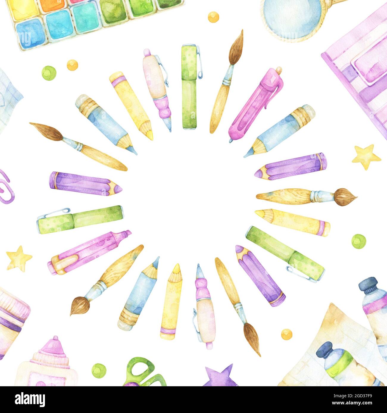 Back to school set of colorful watercolor stationery clipart, pens ...