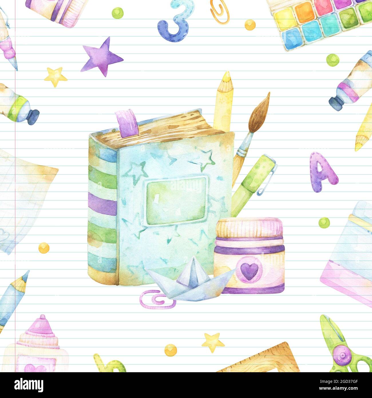 Back to school watercolor text book, diary, book, pen, pencil, brush ...