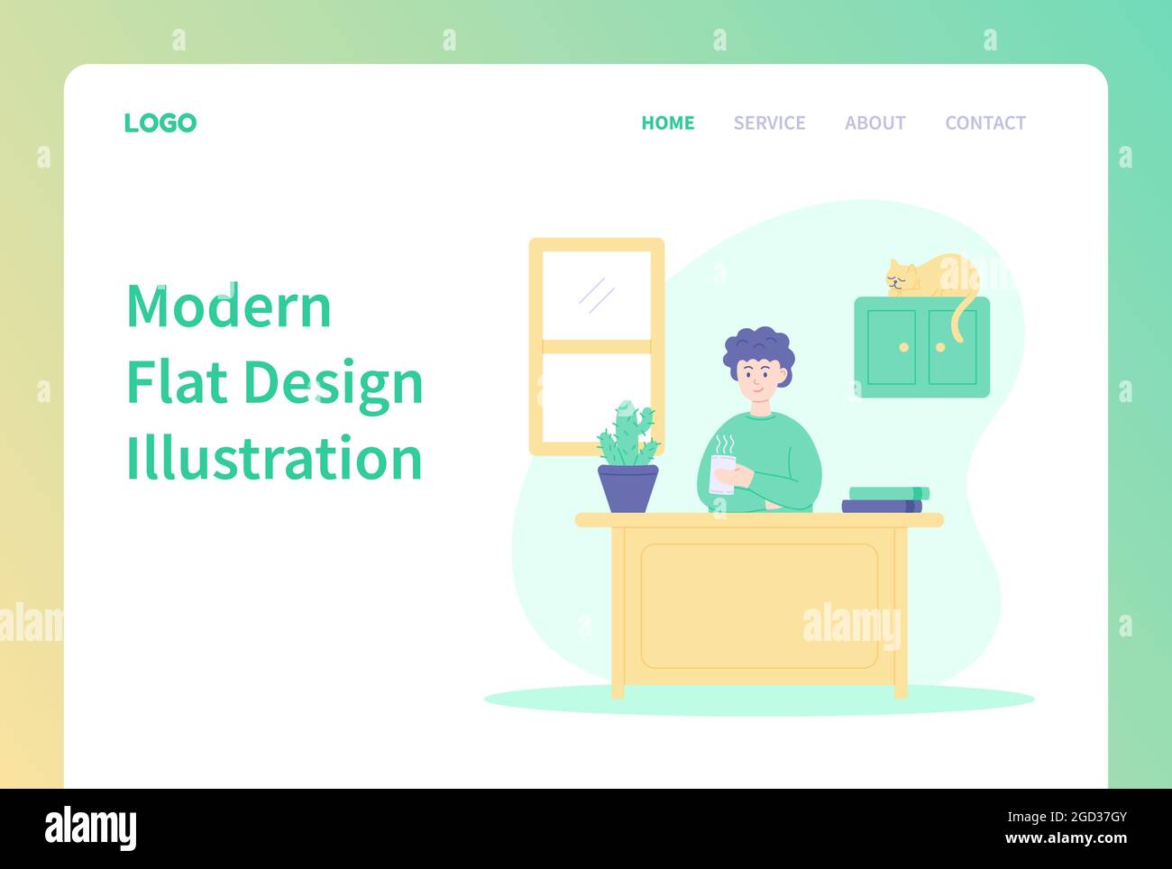 Landing page template of relaxation. Man relaxing and drinking coffee ...