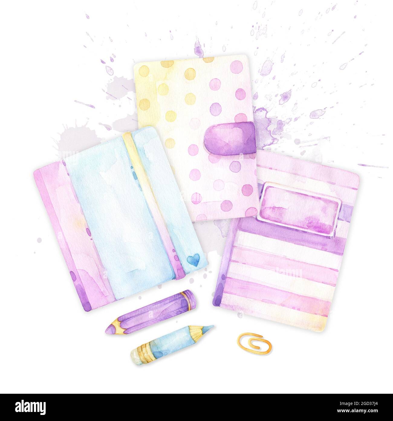 Cute, hand painted watercolor clipart with three planners, notepads or ...